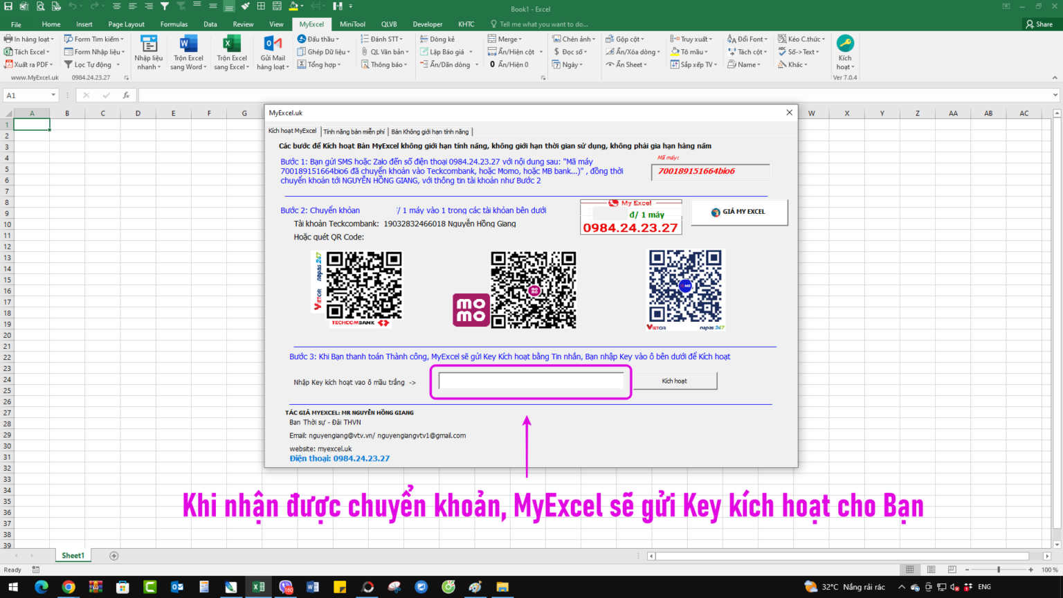 Hướng dẫn kích hoạt bản full tiện ích myexcel – MyExcel