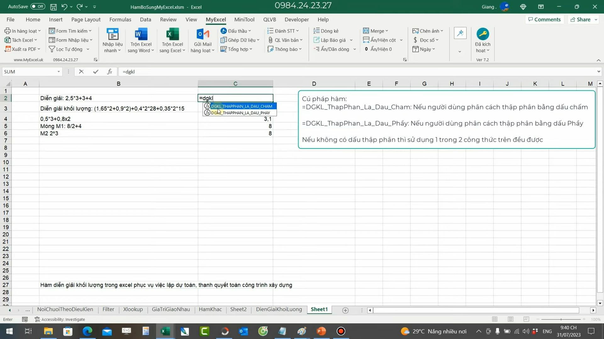 Hàm diễn giải khối lượng trong excel hỗ trợ kỹ sư lập dự toán quyết toán công trình xây dựng ...